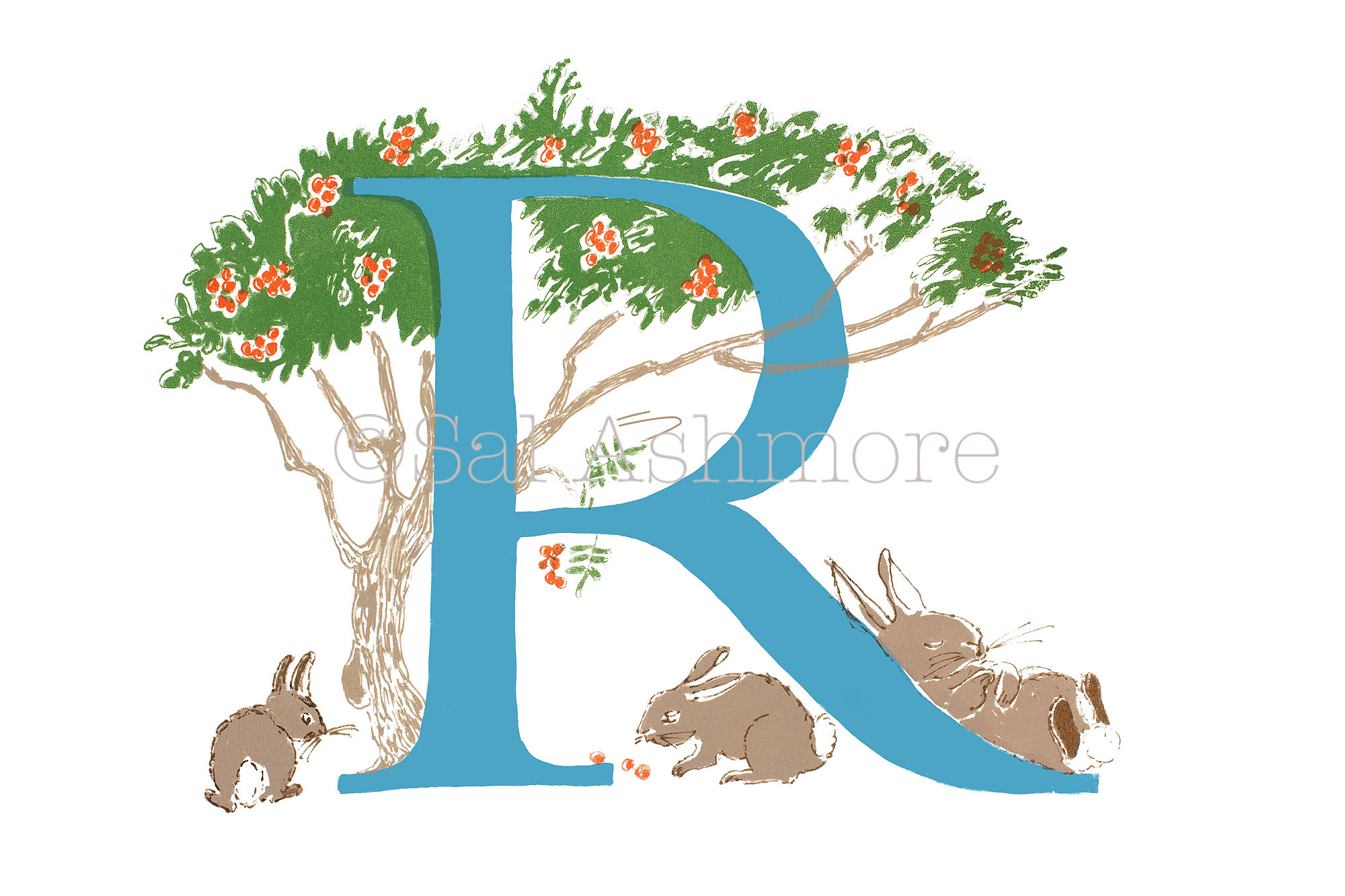 Illustrated letter R with rabbits and rowan tree by artist Sal Ashmore